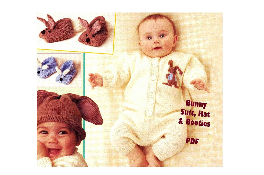 Baby Bunny Suit With Motif, Hat & Bootees Knitting Pattern 3 in 1 51 ...