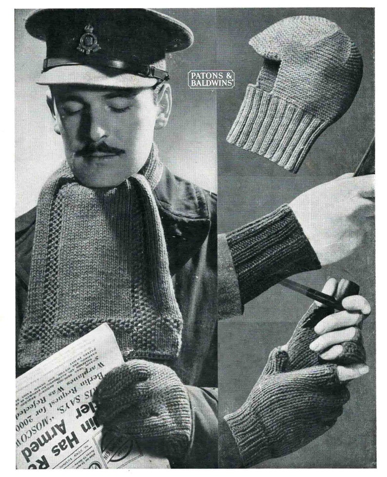 Wartime Knitting Patterns 1940's WW2 Air Force Helmet Gloves Mittens ...