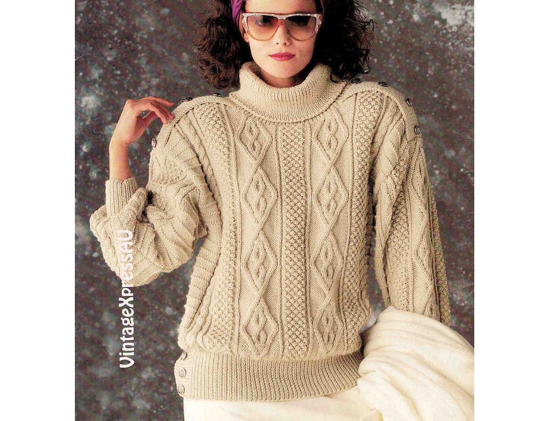 Aran Polo-neck Sweater Knitting Pattern in ENGLISH 8 Ply Women's S-M-L ...