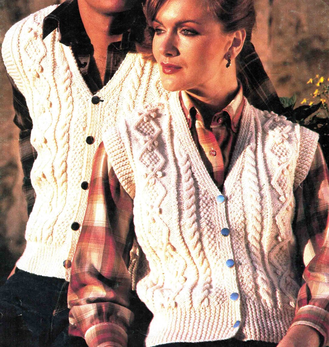 Aran Unisex Sleeveless Vest Knitting Pattern 8 Ply DK Buttoned ...