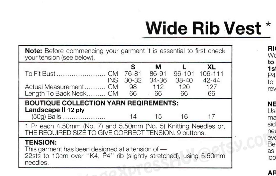 Wide Rib Vest Knitting Pattern 12 Ply Button Through Women's 4 Sizes 30 ...