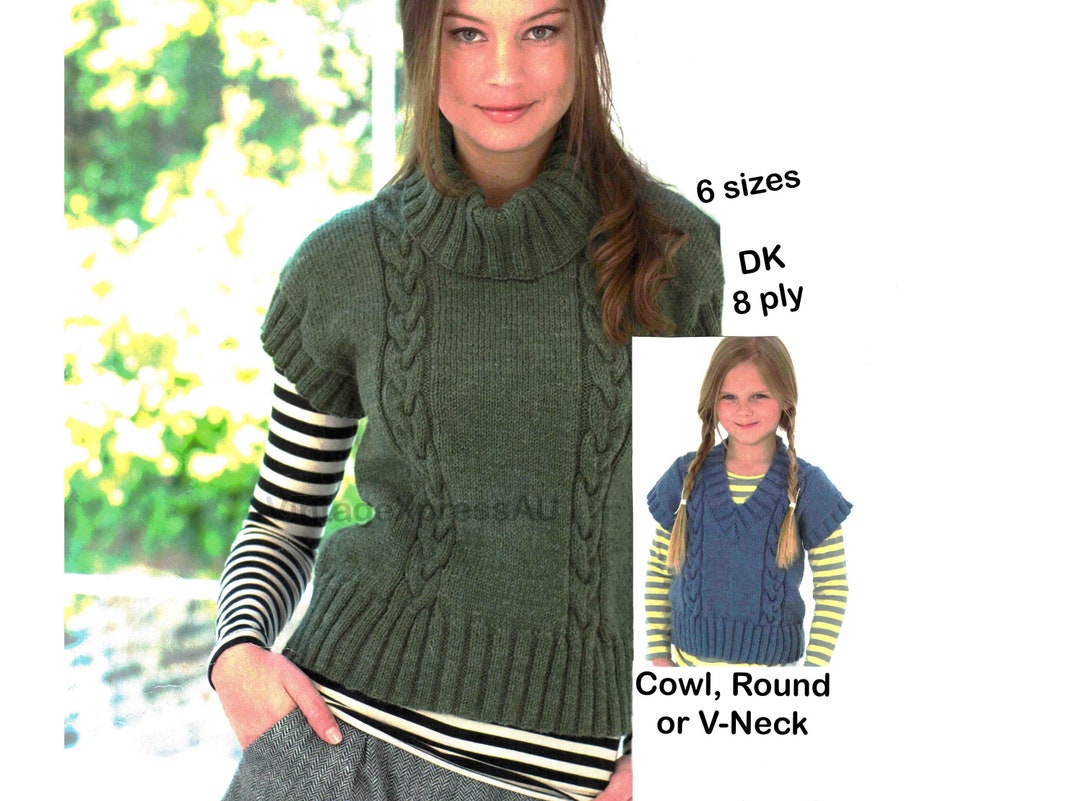 Slipover Cable Knitting Pattern Cowl, V or Round Neck 6 Sizes 24-46" 61 ...