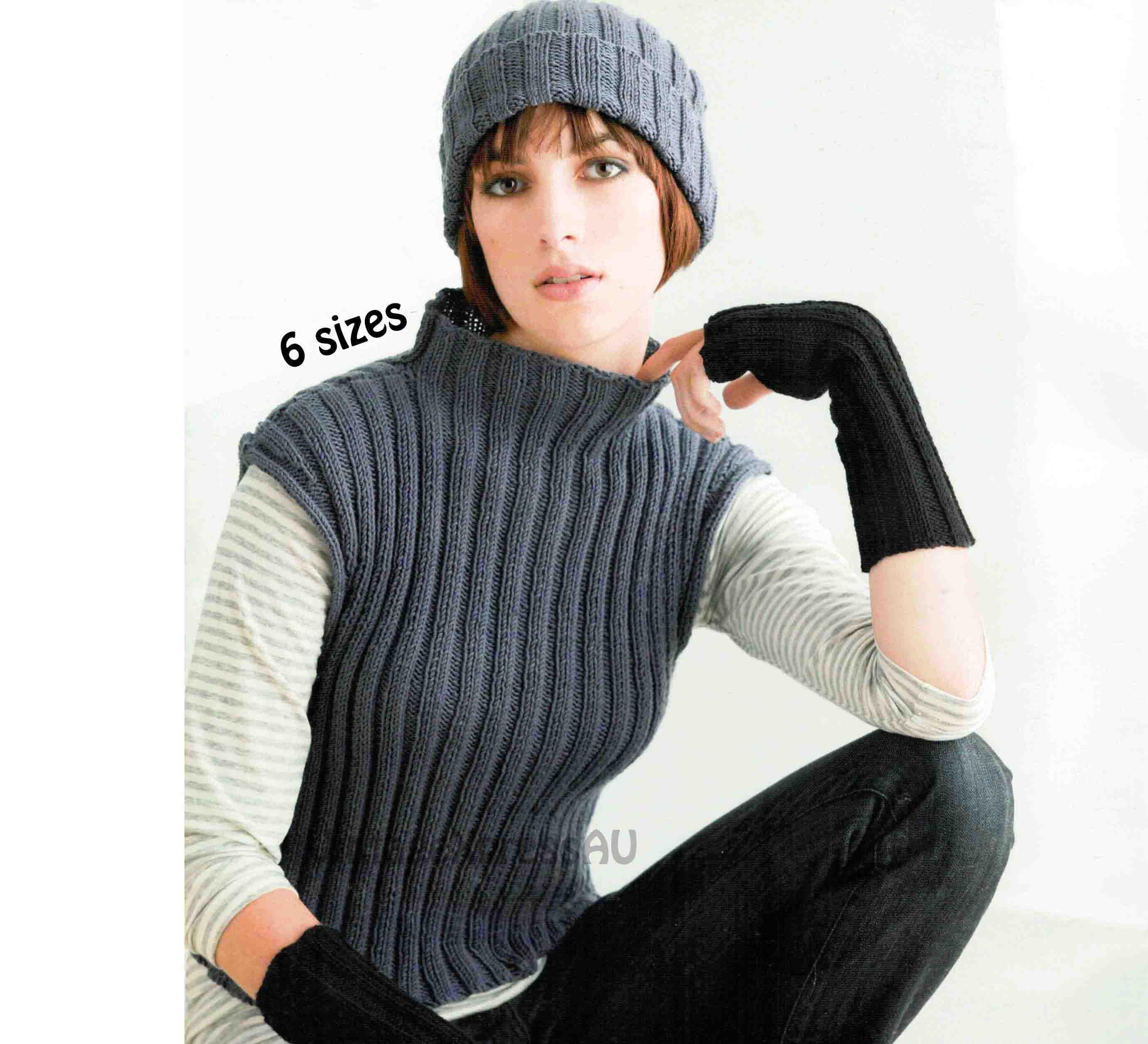 Ribbed Vest Hat & Long Fingerless Gloves Knitting Pattern EASY Knit 6 ...