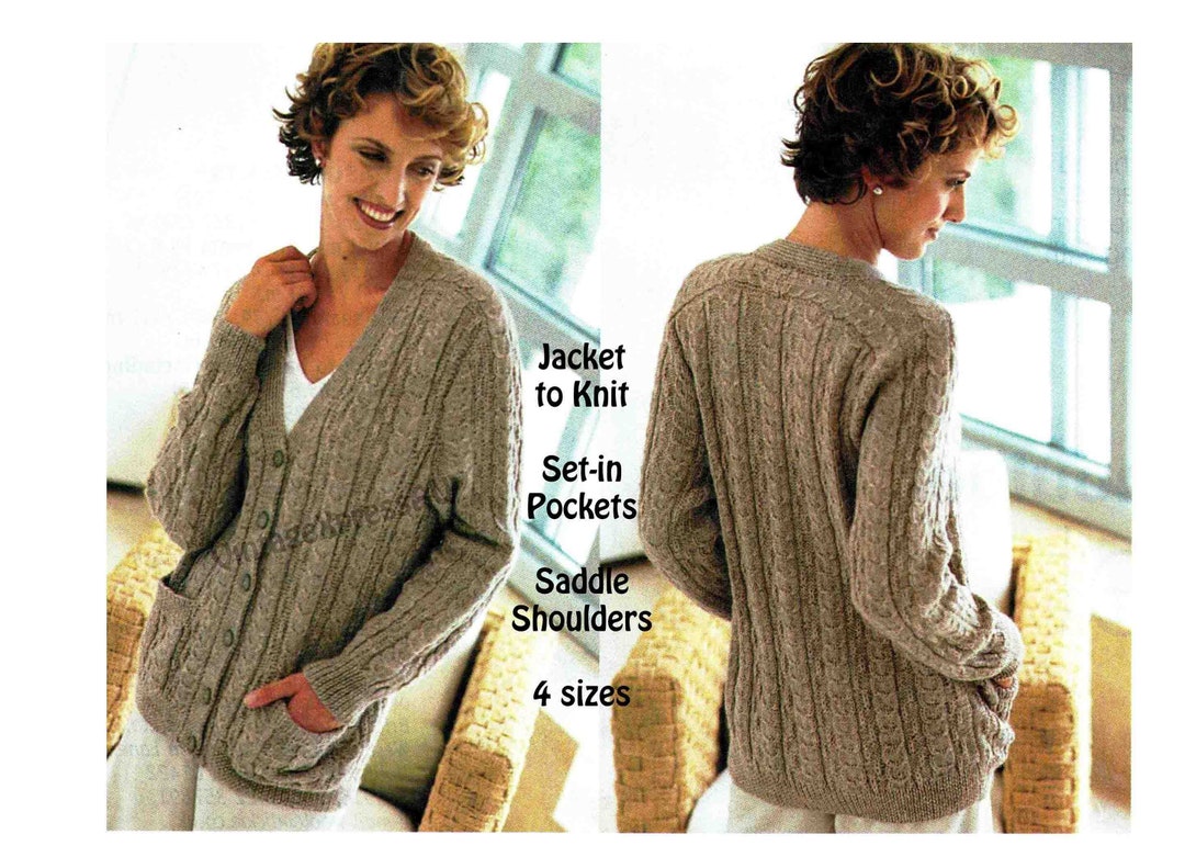 Jacket Cardigan Cable Rib Knitting Pattern Set-in Pockets Saddle ...
