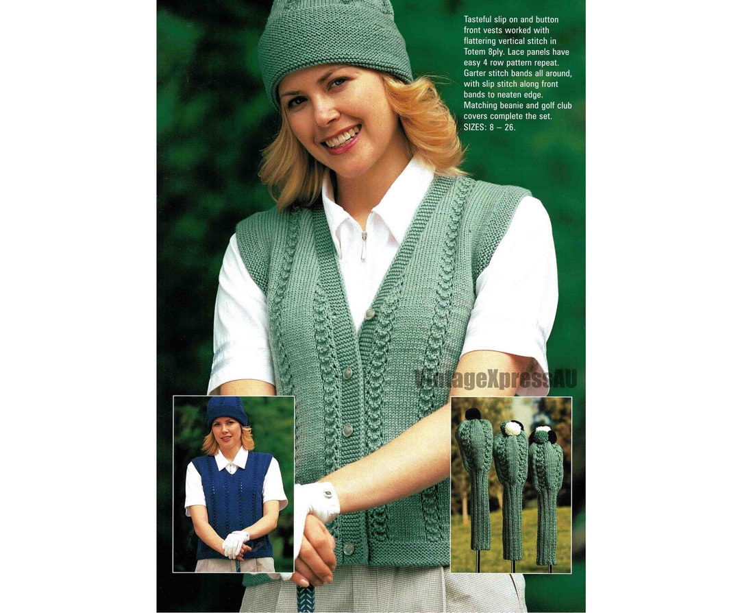 Golf Club Covers, Button Through or Slipover Vest, Beanie Knitting ...