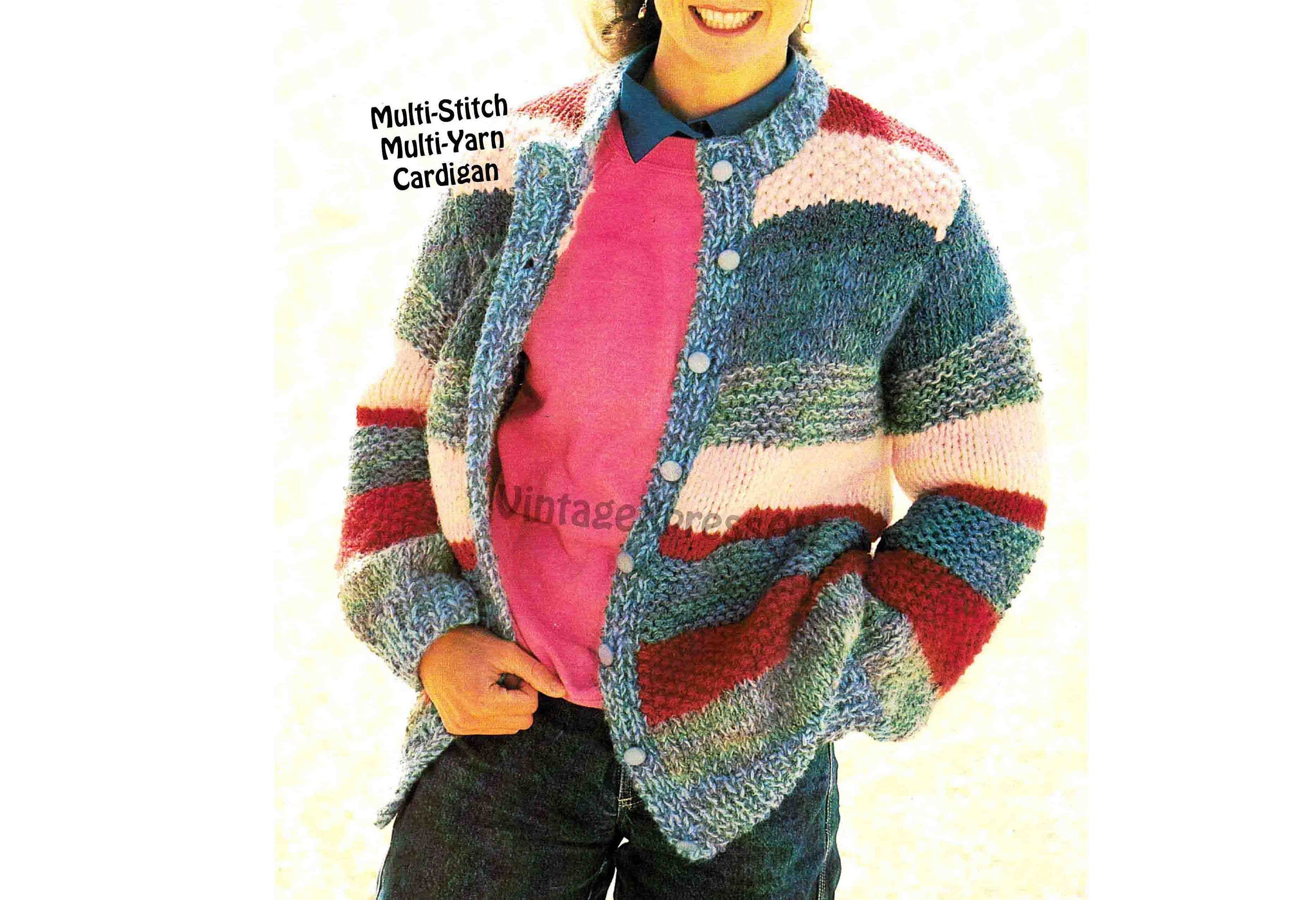Multi Yarn Striped Cardigan Jacket Knitting Pattern Lady's 3 Sizes 80 ...