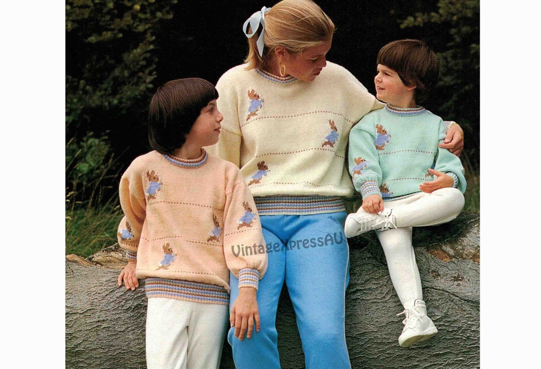 Bunny Rabbits Sweater Child and Adult Knitting Pattern 8 Ply DK Bunnies ...