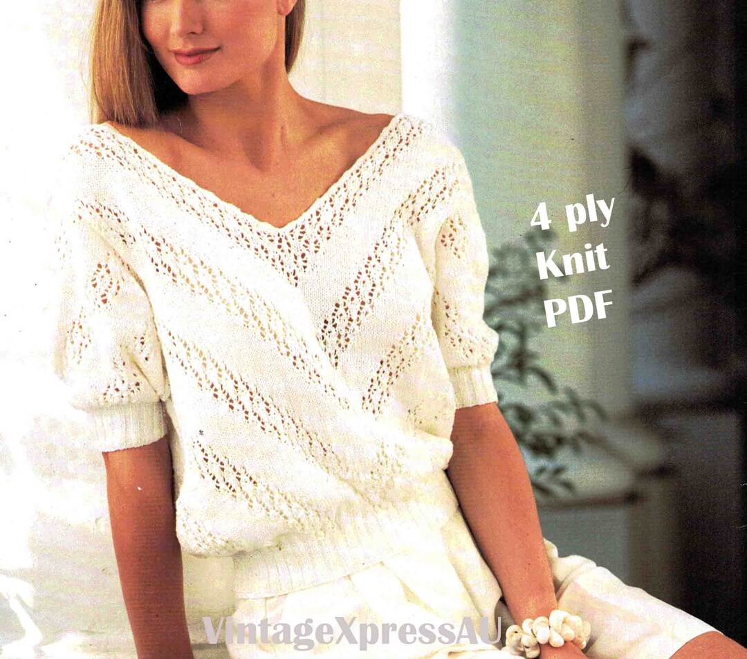 Lady's Wide V-neck Diagonal Patterned Knitting Pattern 4 Ply Cotton ...