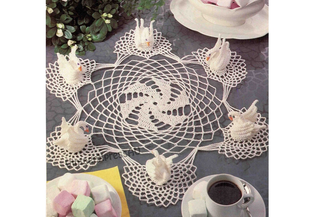 Swans Doily Filet Crochet Pattern 40cm in Diameter 15.3/4" Featuring 6 ...