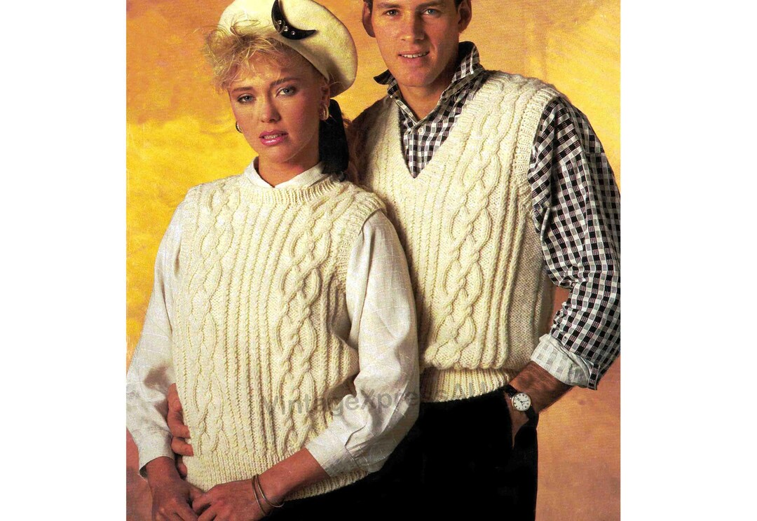 Cable Knit Slipover Vest Pattern, Round or V-neck, His or Hers 3 Sizes ...