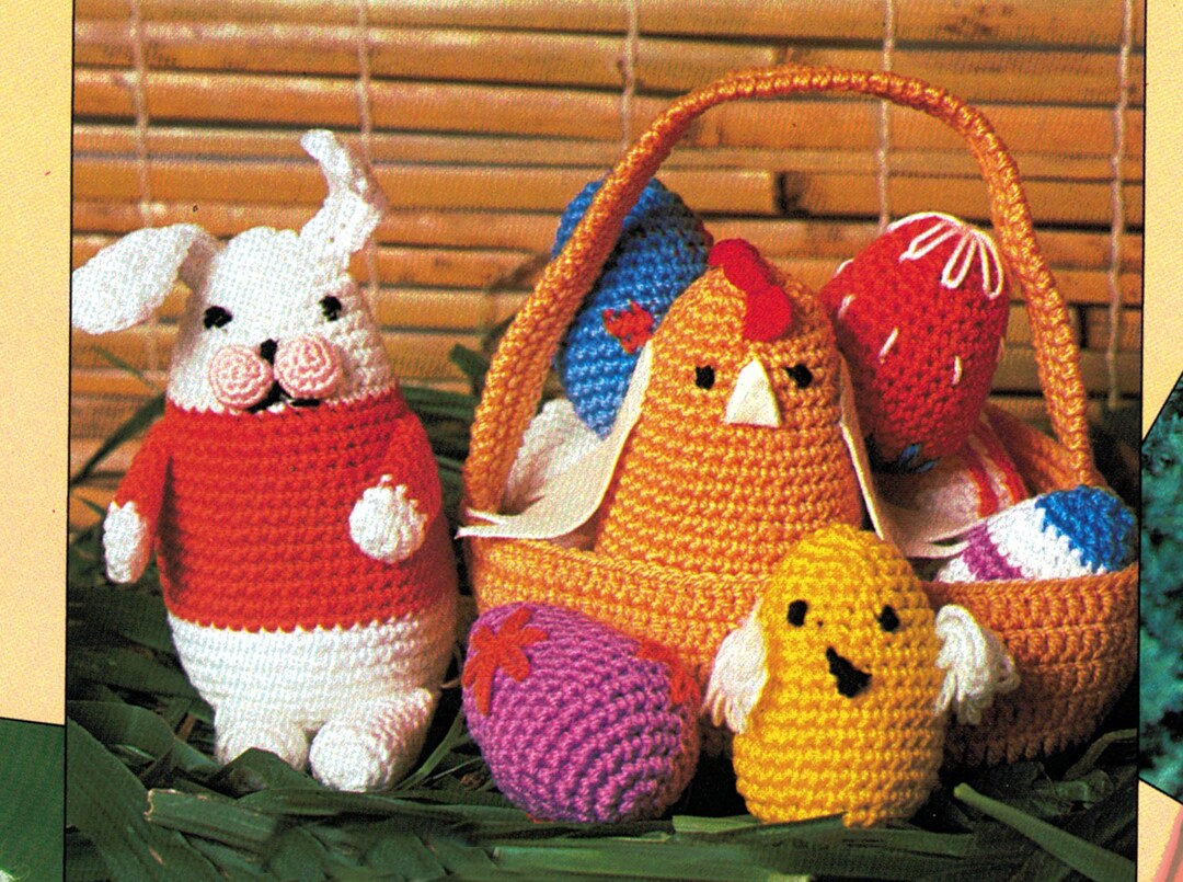 EASTER Soft Toys Crochet Pattern 1970's Easter Bunny Rabbit Basket With ...