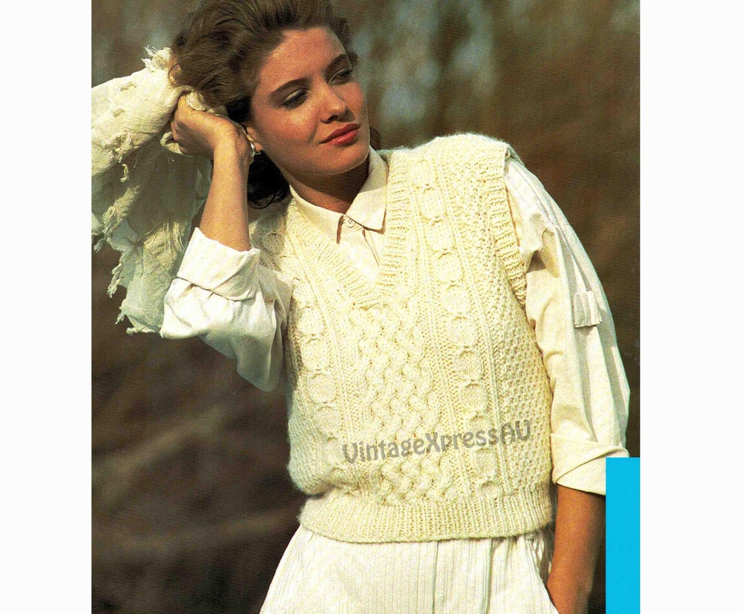 Aran Cable Vest Slipover Knitting Pattern Sleeveless Sweater Women 5 ...