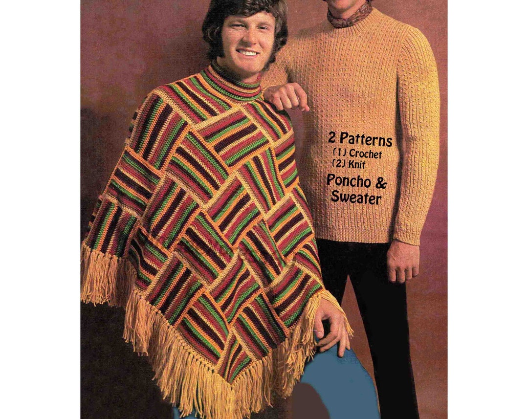 Poncho Crochet & Man's Sweater Knitting Pattern DK 8 Ply Vintage 1970's ...
