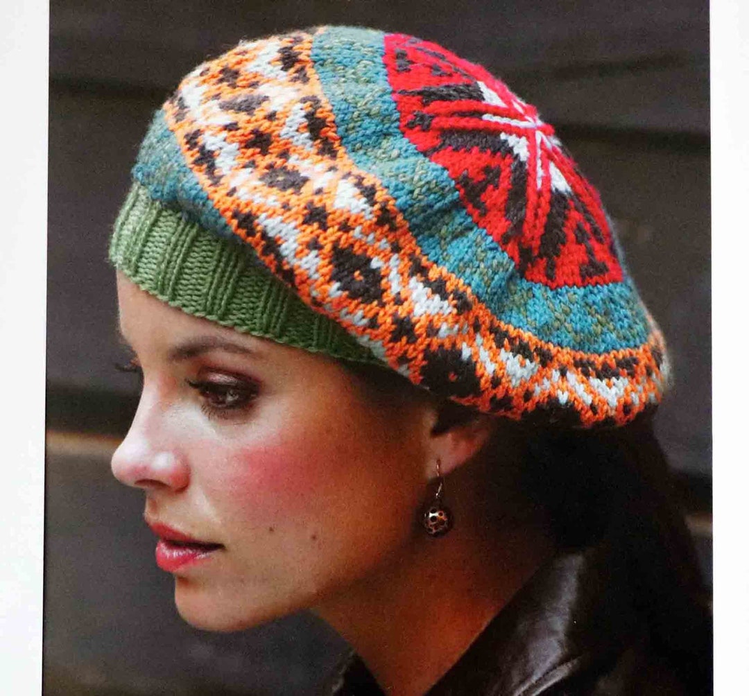 Fair Isle Beret Knitting Pattern in ENGLISH 8 Ply Women's Knitted Hat 56cm 22" Average Sized ...