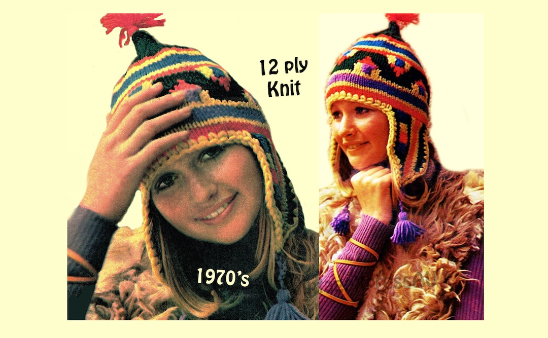 Peruvian Cap Ear Flaps Knitting Pattern in ENGLISH 3 Tassels Vintage ...