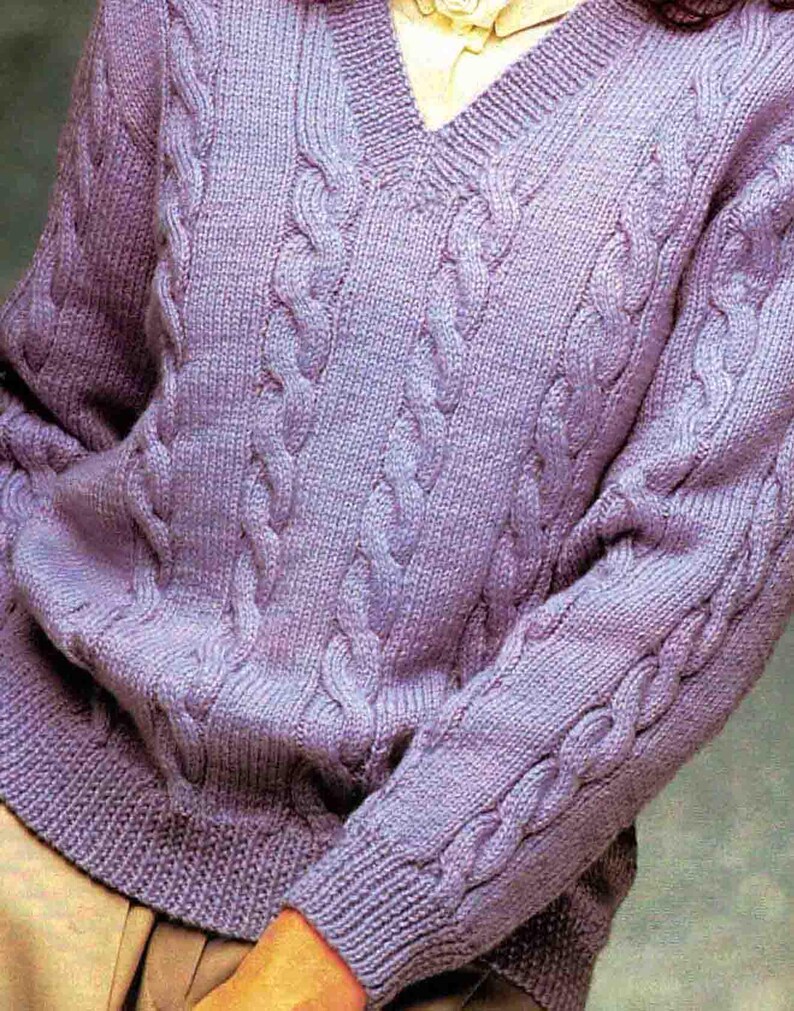 Cable Knit Sweater V-neck Knitting Pattern Women 4 Sizes 75-105cms 30 ...
