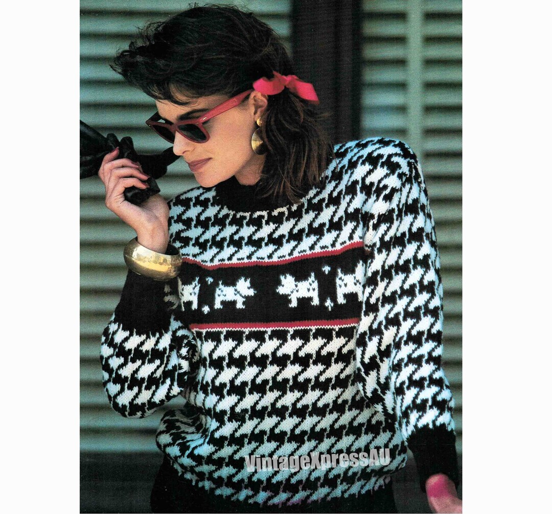 Houndstooth Dog Motifs Fair Isle Sweater Knitting Pattern 5 Ply Sport ...