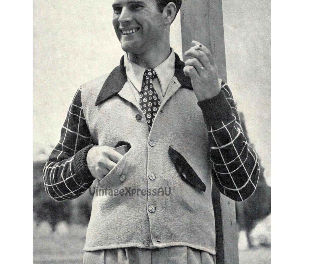 Vintage Smoking Jacket Knitting Pattern Men's One Size 38 Chest Pockets ...