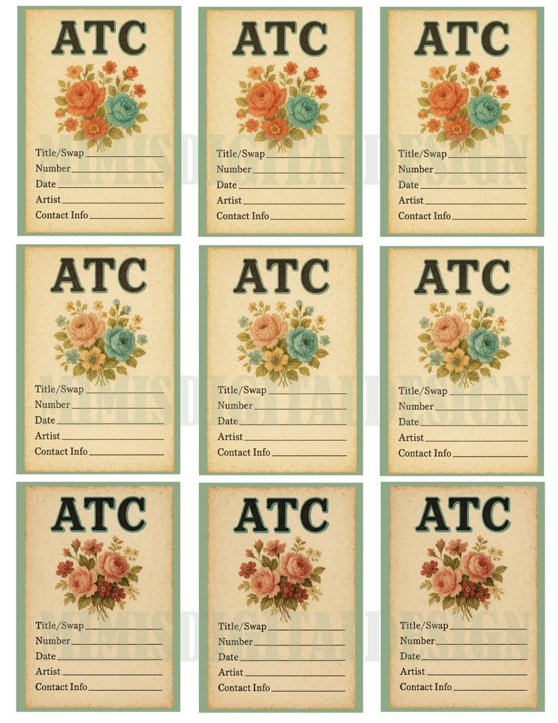 Vintage Floral Artist Trading Card Backs | Set of 9 Printable Digital ...