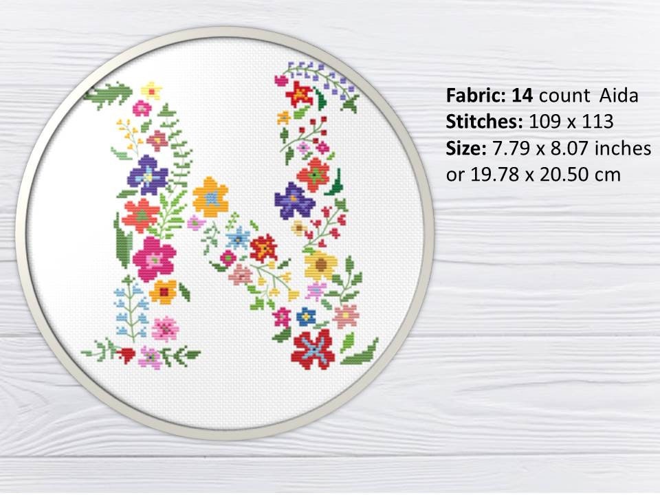 Floral letter N cross stitch pattern Modern boho monogram | Etsy