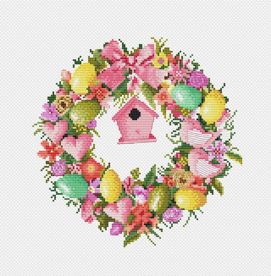 Easter Cross Stitch Stitch Pattern, Modern Floral Design, Wreath Eggs ...
