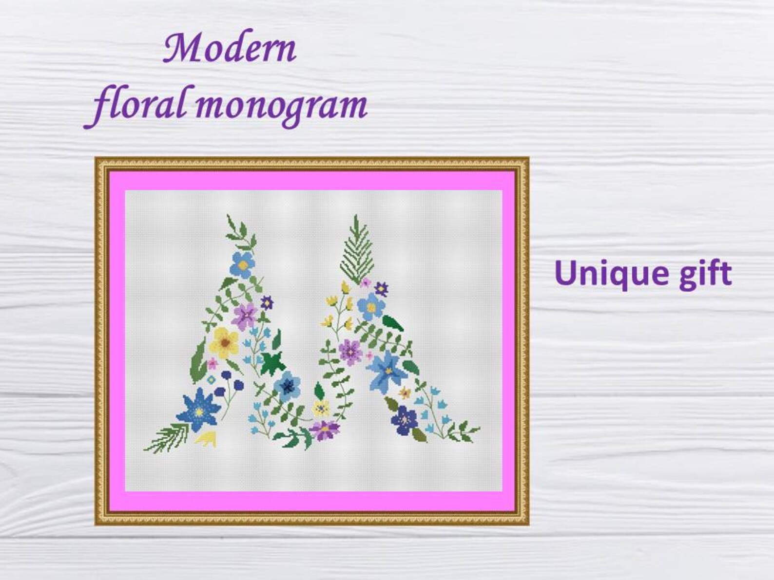 Floral monogram cross stitch pattern pdf Modern letter T | Etsy