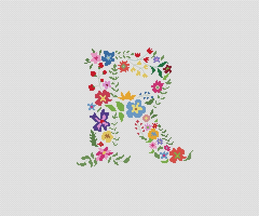 Letter Cross Stitch R Pattern Floral Initial Name Modern Monogram ...