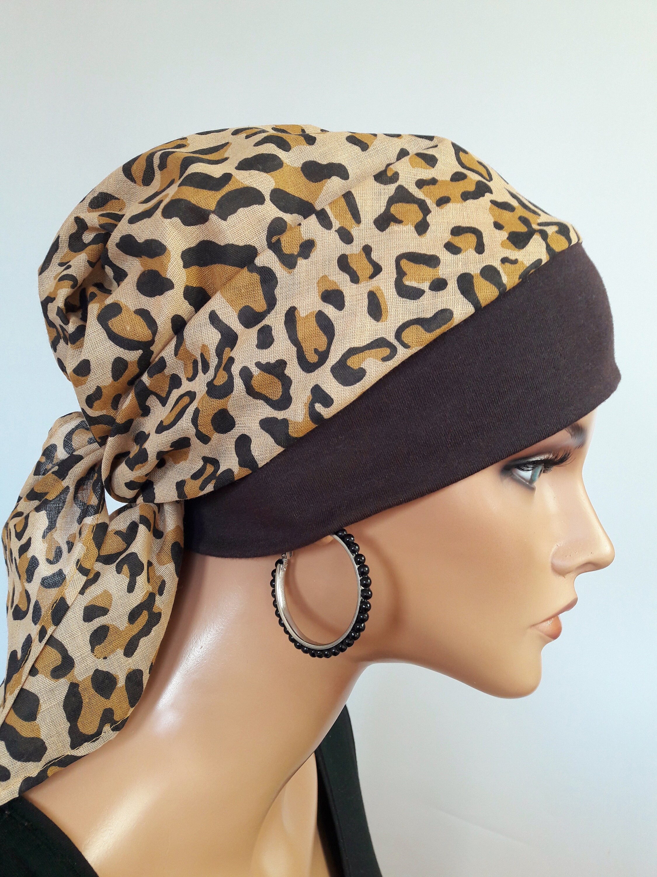 LUXUS Damen Kopftuch Mütze Braun Beige Raubkatze Motiv reine Baumwolle ...