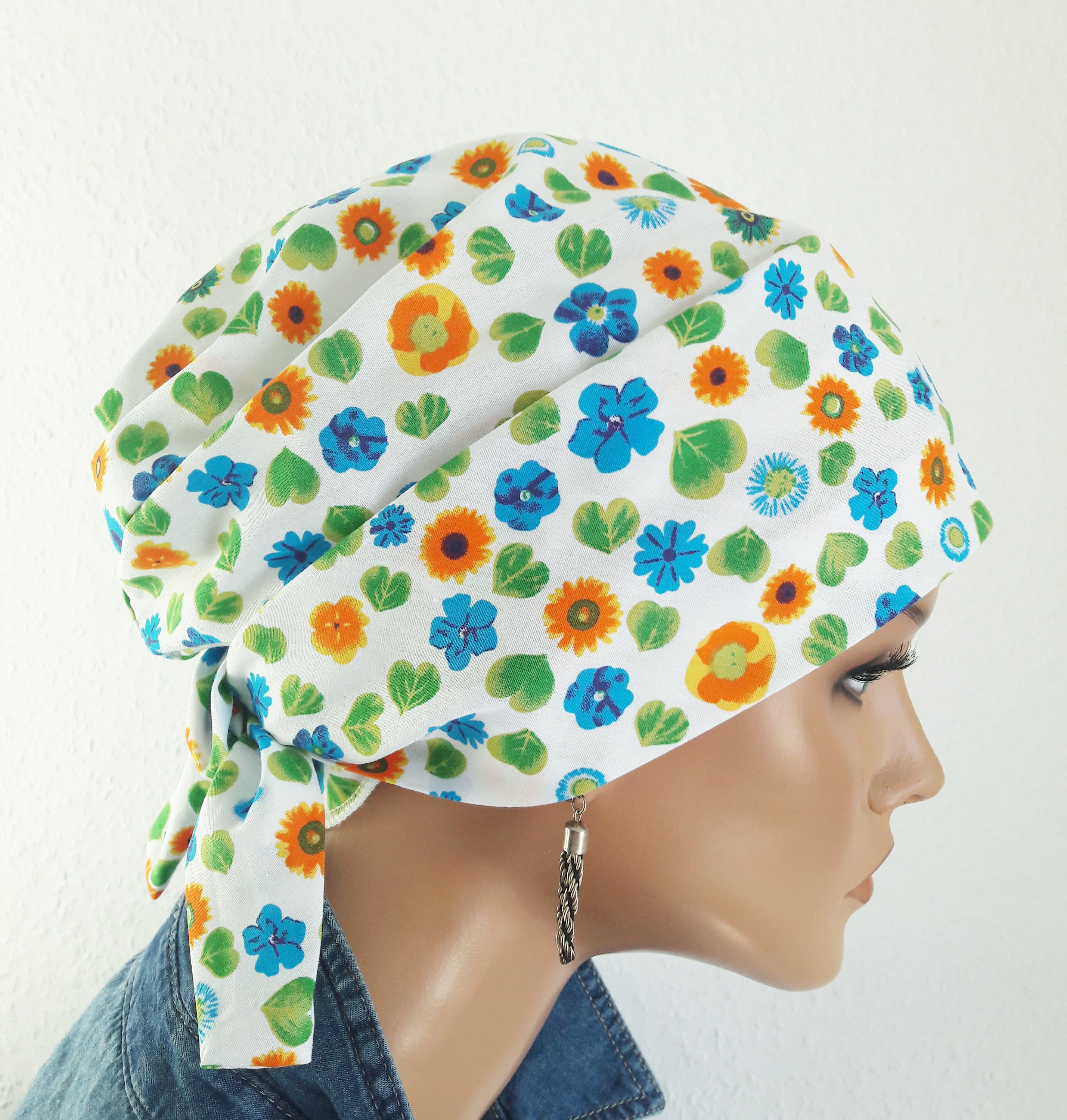 Sommer Kopftuch/Mütze Bandana Kabriotuch Weis Blau Türkis Blümchen ...