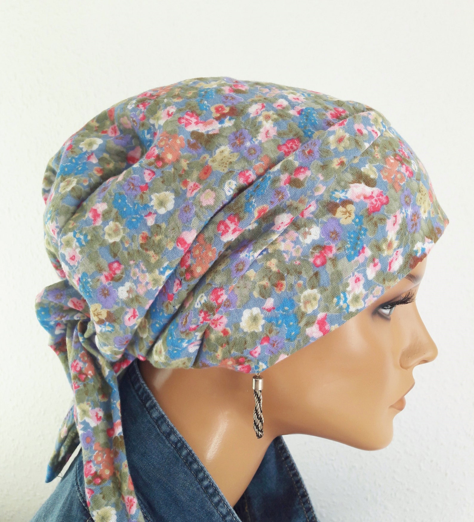 Damen Sommer Kopftuch Mütze Blau Grün Streublümchen reine | Etsy