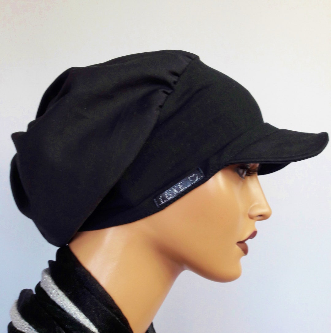 LUXURY Women's Peaked Cap Balloon Cap Black Cotton Chemo Alopecia Hair ...