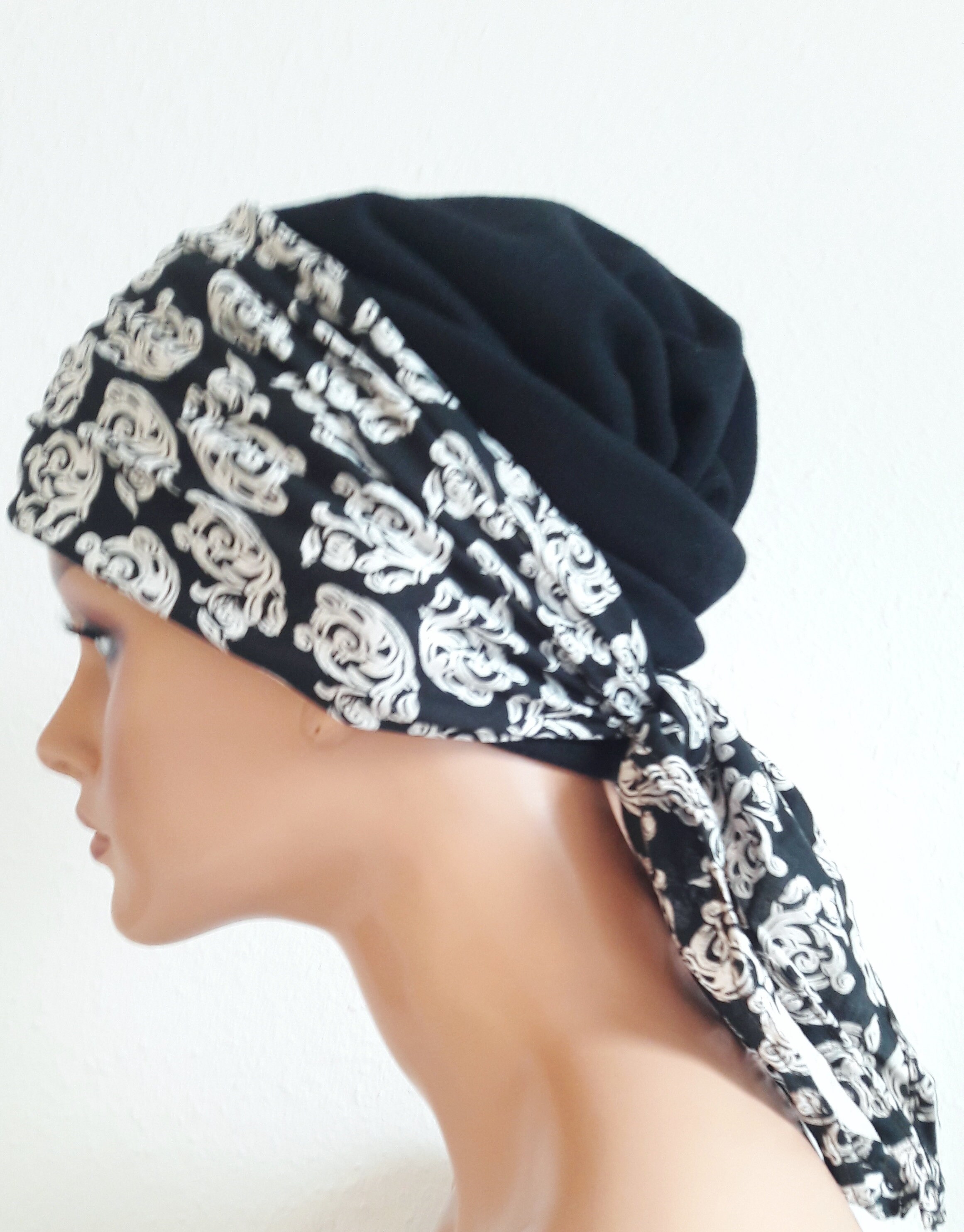Damen Kopftuch mit Mütze Bandanna Schwarz Weis Beige 100% - Etsy.de