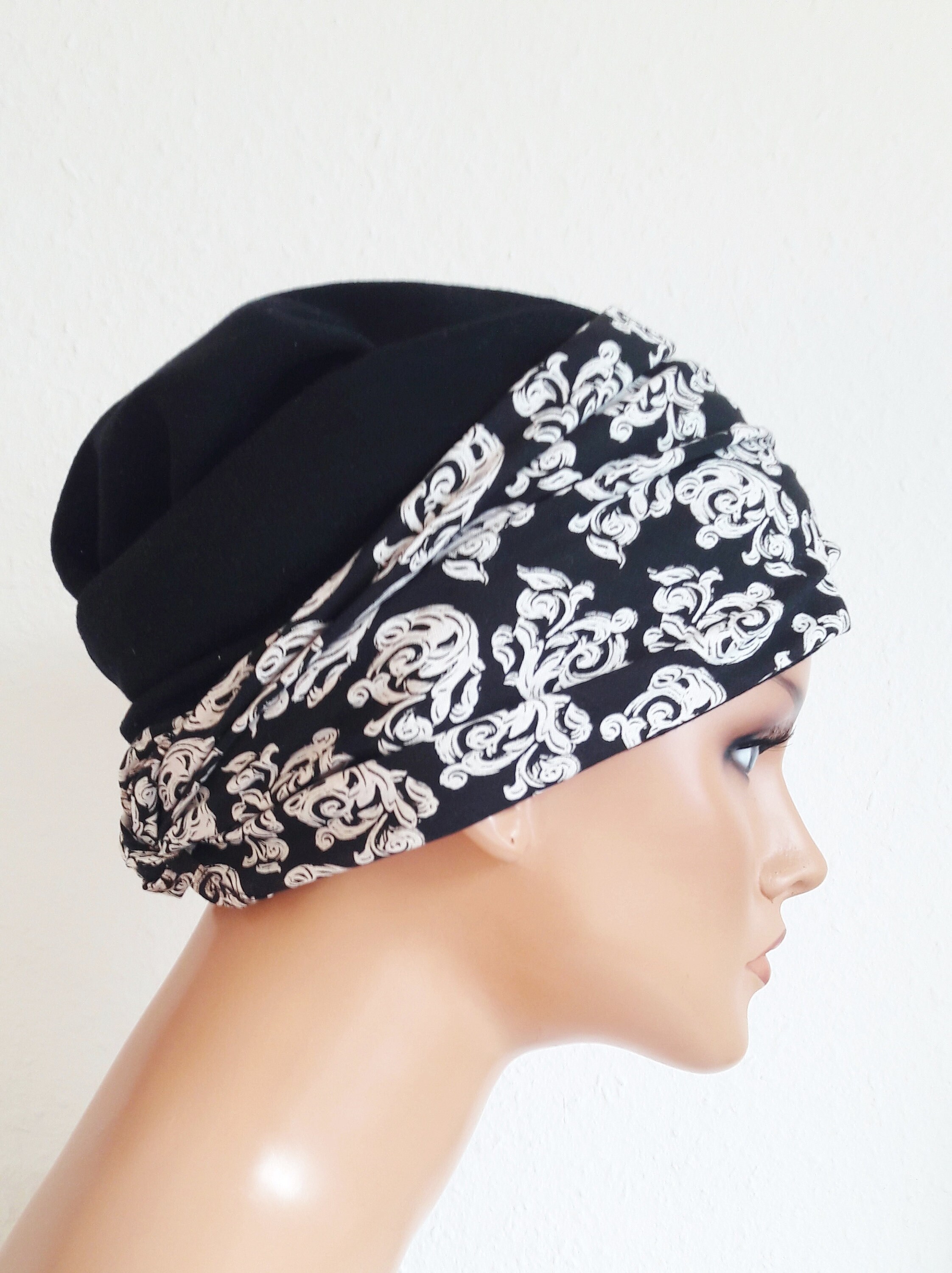 Damen Kopftuch mit Mütze Bandanna Schwarz Weis Beige 100% - Etsy.de