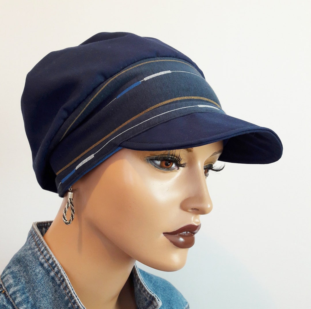 Women's Peaked Cap, Hat, Cap, Navy Blue, Cotton, Jersey Stripes - Band ...