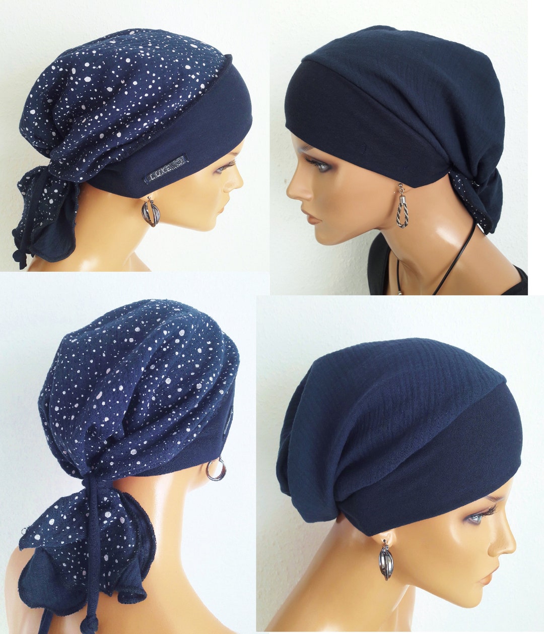 Damen Leichte Kopftuch Mütze Nacht Blau Weis getupft Öko-Baumwolle ...