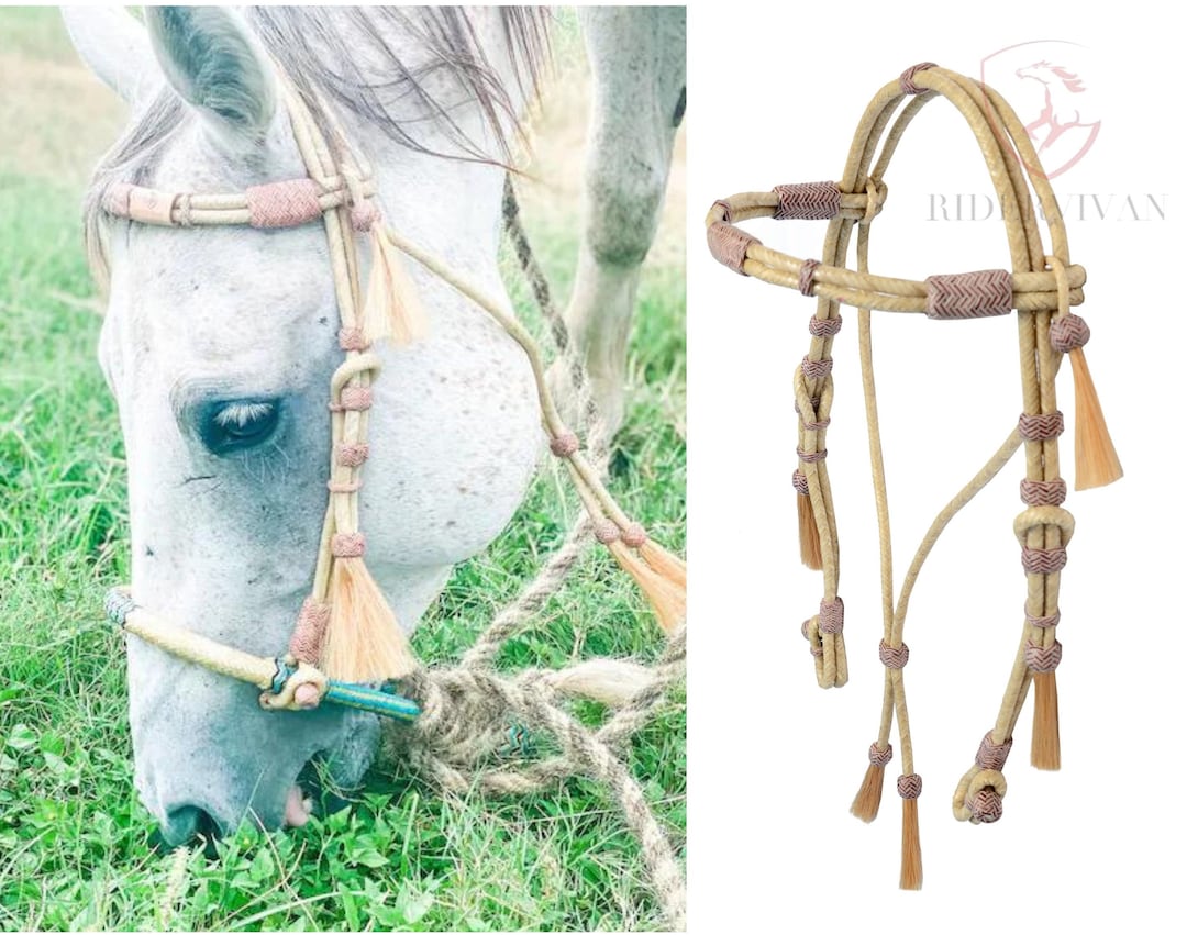 Hand-crafted Natural Rawhide and Brown Knotted 16 Plaits Headstall With ...