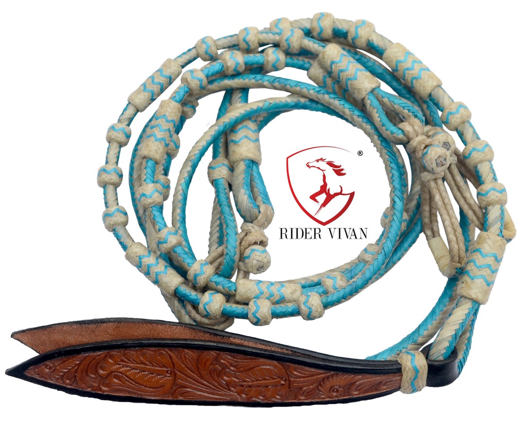 20 Plaits Romal Reins, Romal Reins Natural and Turquoise Rawhide, 55 ...