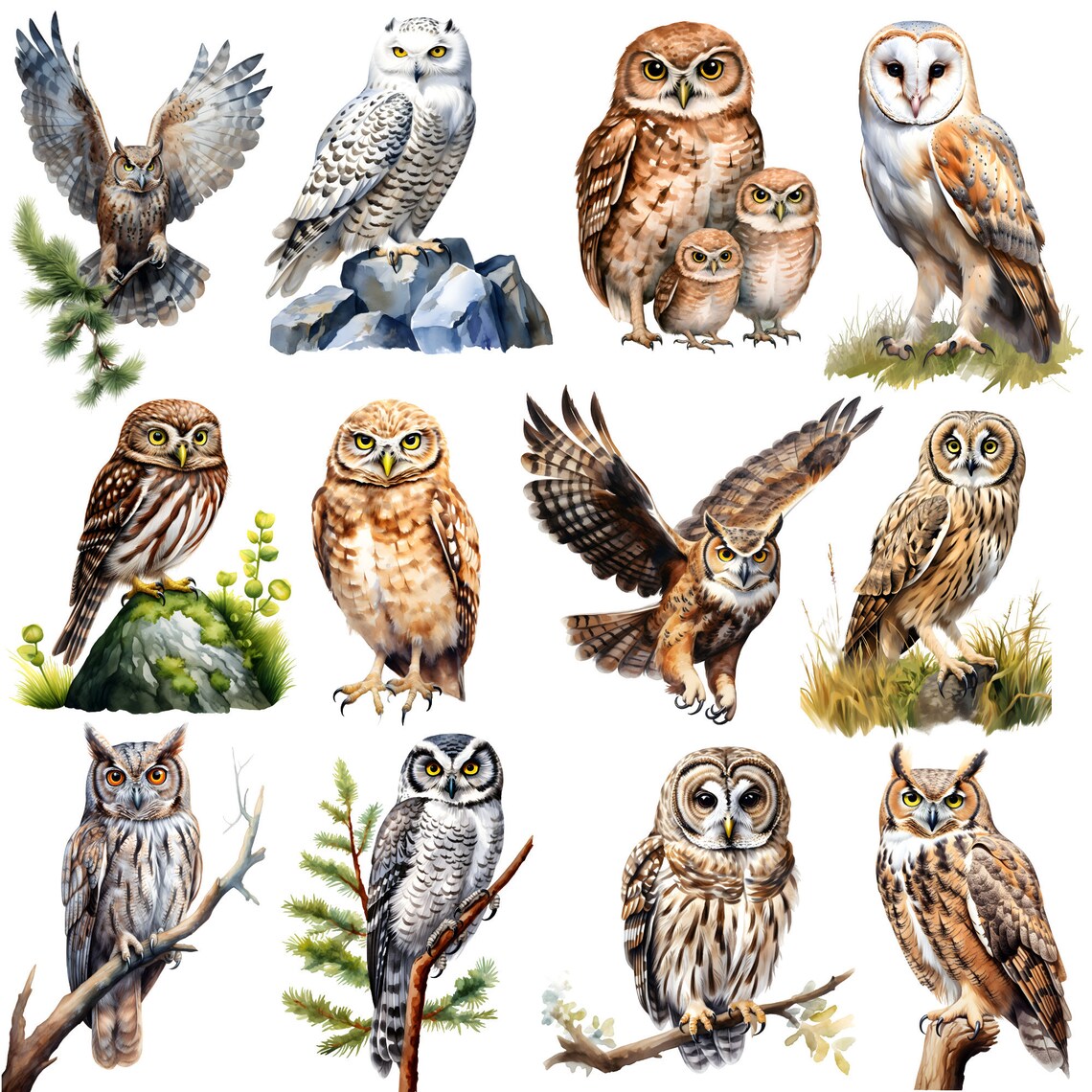 Watercolor Owls Clipart Bundle, 50 Owl Png Bird Images, Cute Owls, Bird ...