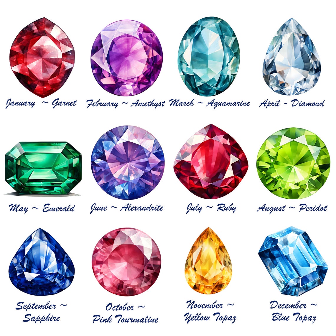 Birthstone Clipart Watercolor Birthday Gemstones, Crystal Clipart ...