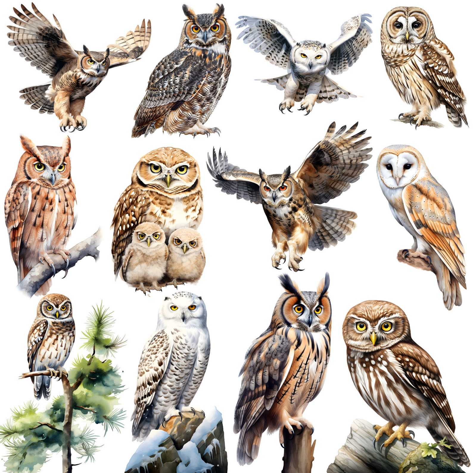 Watercolor Owls Clipart Bundle, 50 Owl Png Bird Images, Cute Owls, Bird ...