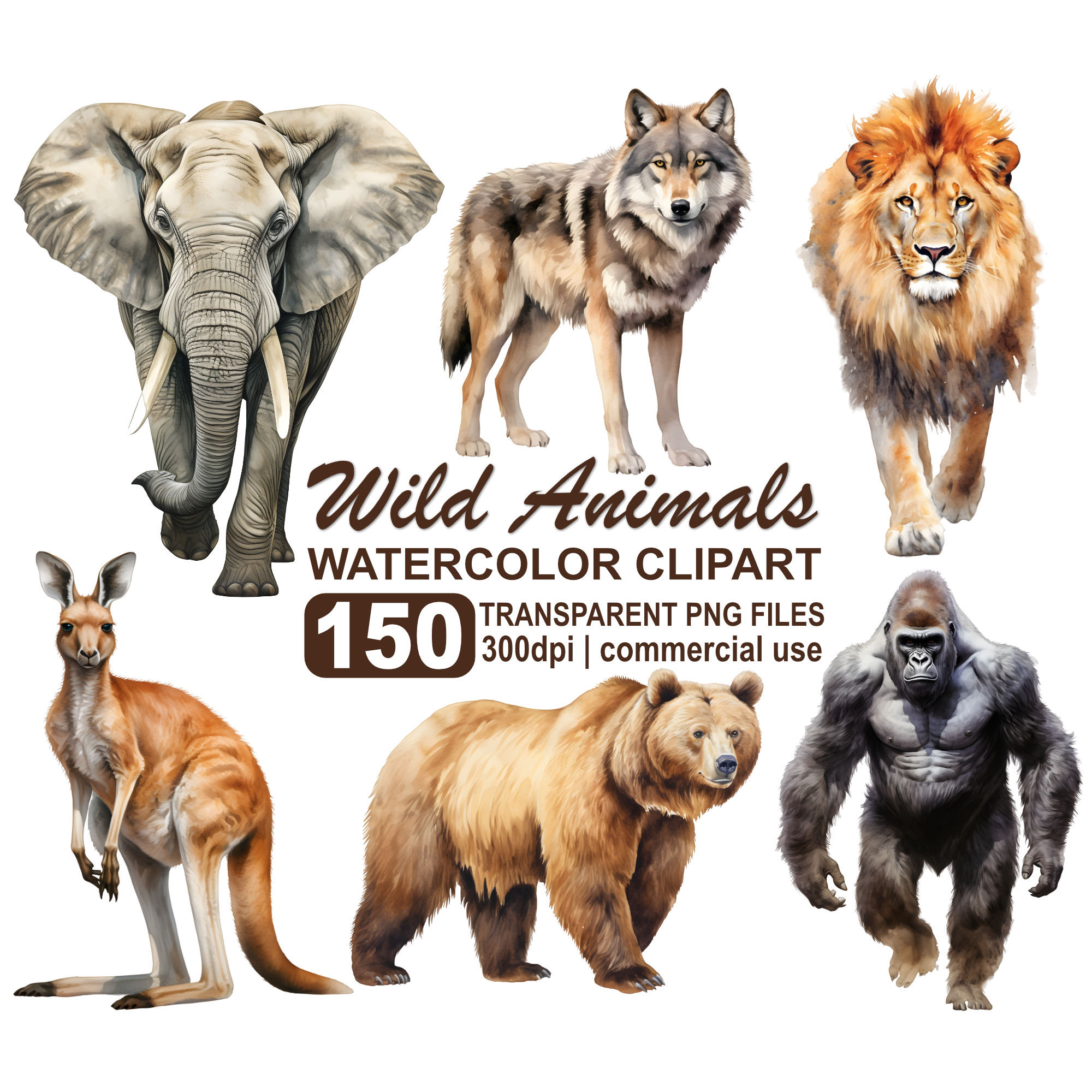 Watercolor Animals Clipart Bundle, 150 Images of Wild Animal of the ...