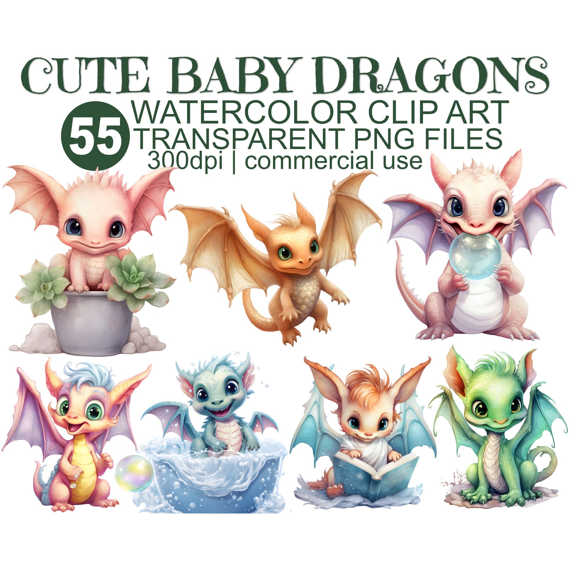 Cute Baby Dragon Clipart Bundle, 55 300 Dpi Transparent PNG Instant ...