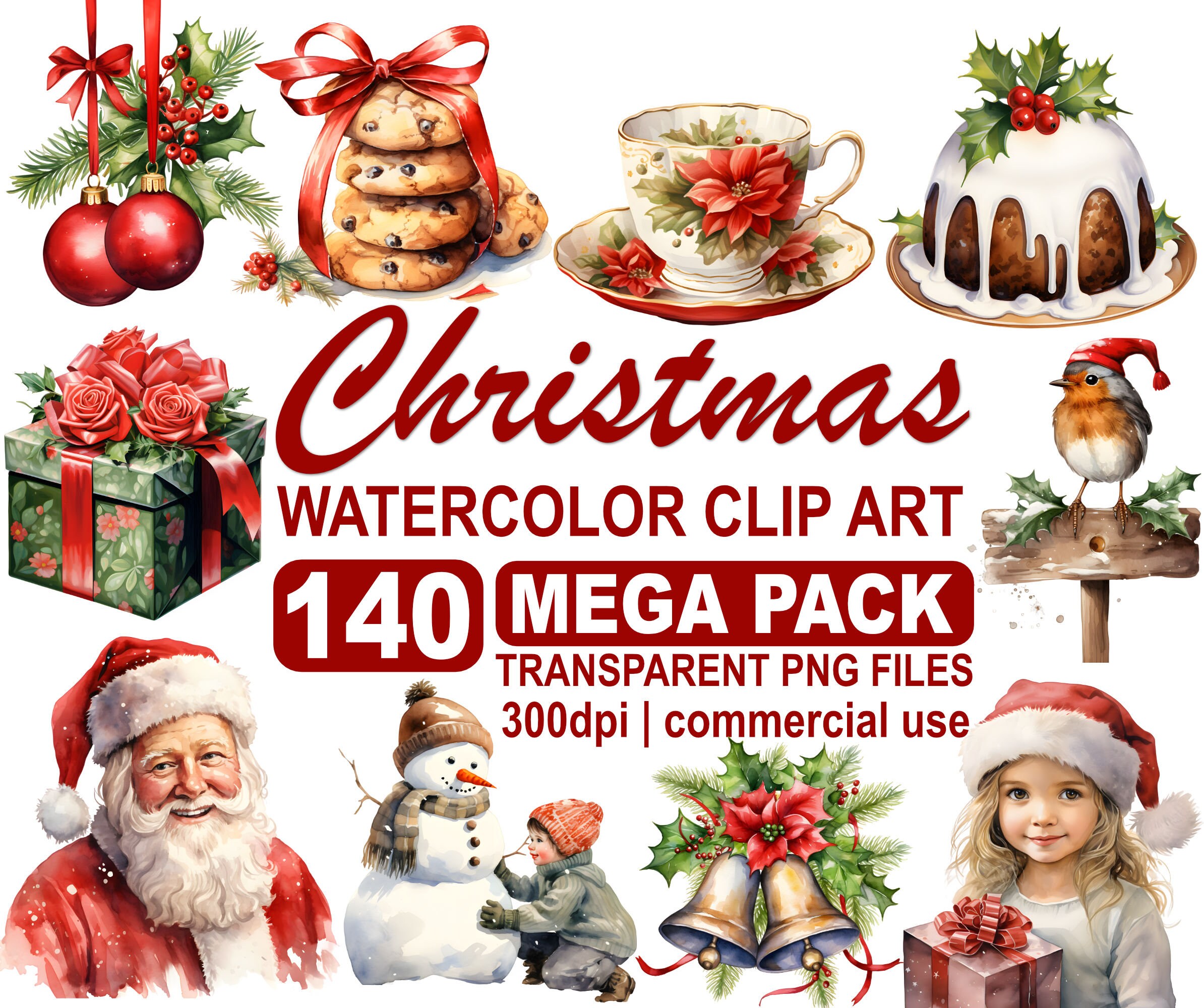 140 Images Christmas Watercolor Clipart Mega Pack, Cute Christmas Décor ...