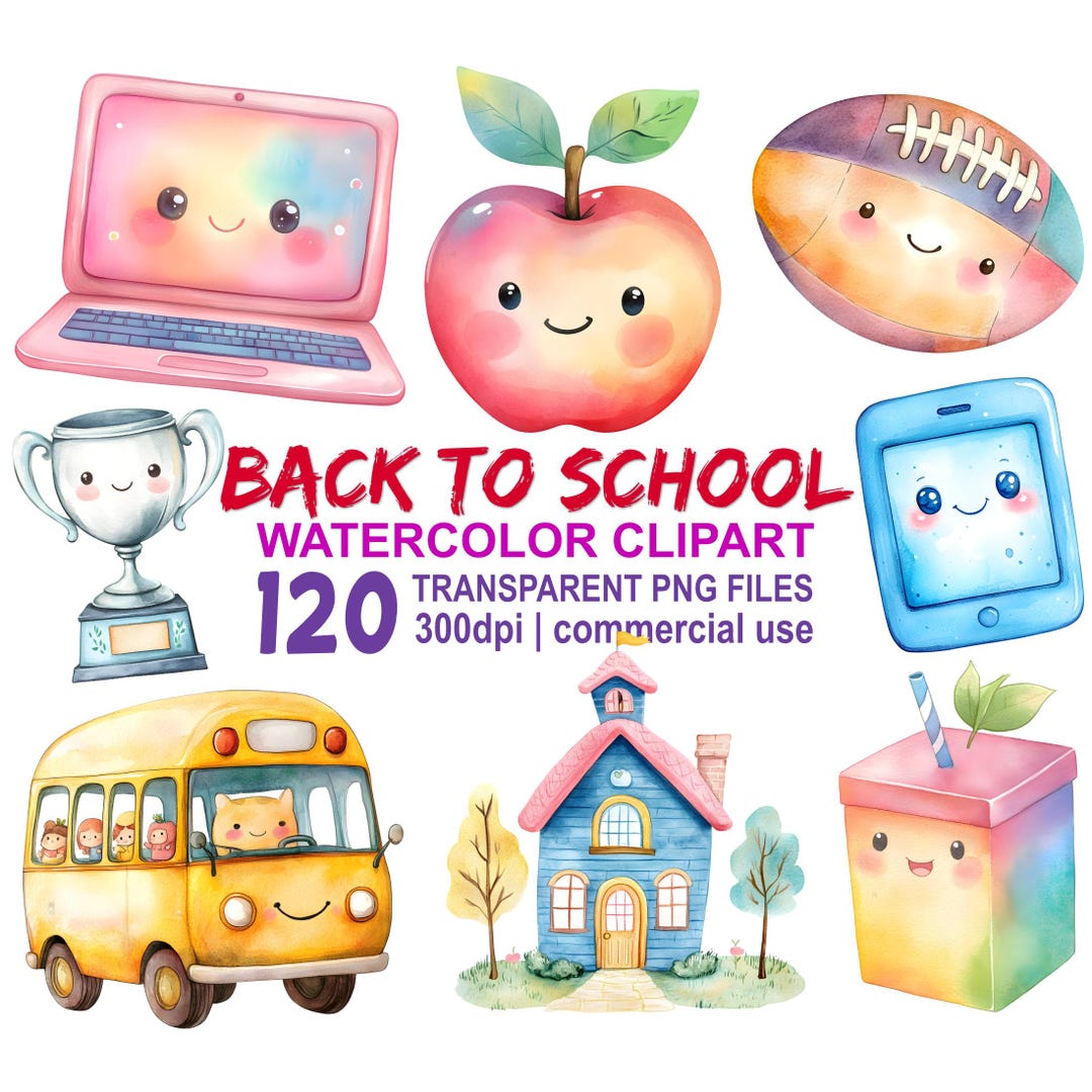 Back to School Clipart Bundle, Cute Pastel Kawaii School PNG, 300 Dpi ...