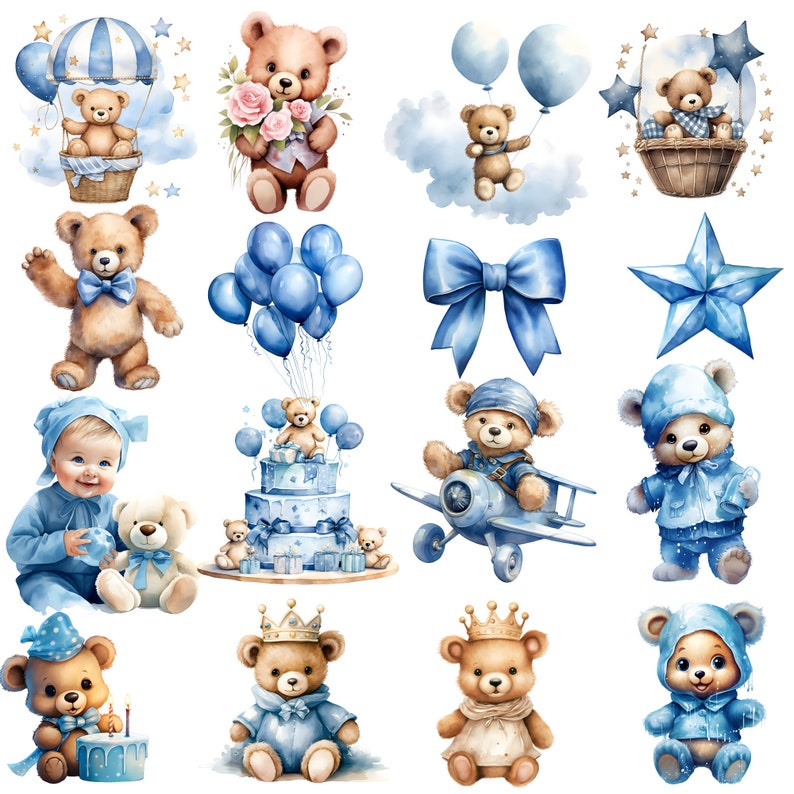 Watercolor Teddy Bear Clipart for Boy, Baby Shower, Nursery Art, Cute ...
