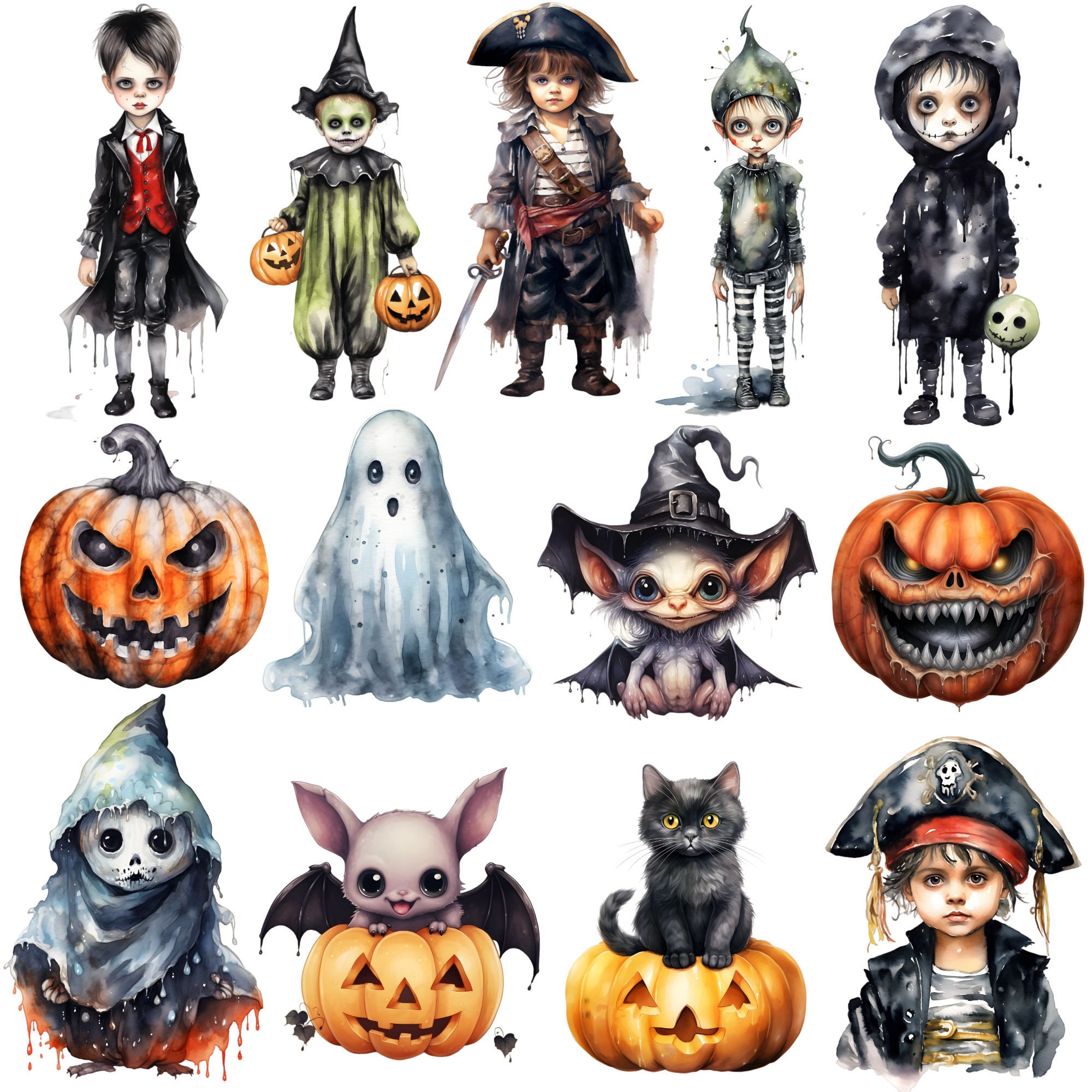 Cute Halloween Clipart Cute Dark Halloween Characters Kids - Etsy