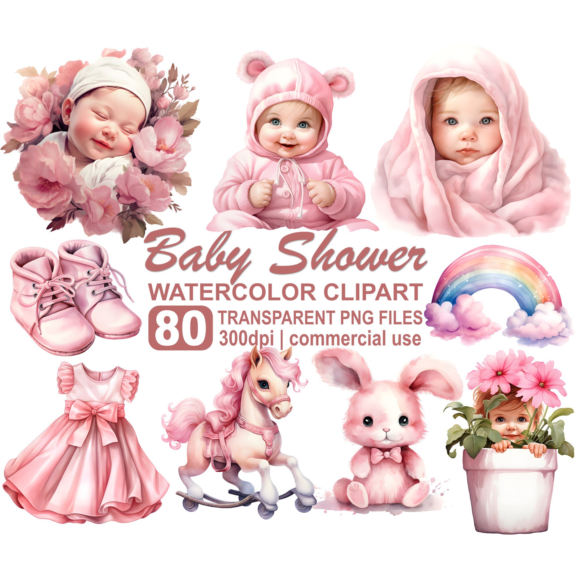 Pink Baby Shower Clipart for Girls, Watercolor Nursery Art Cute Girl ...