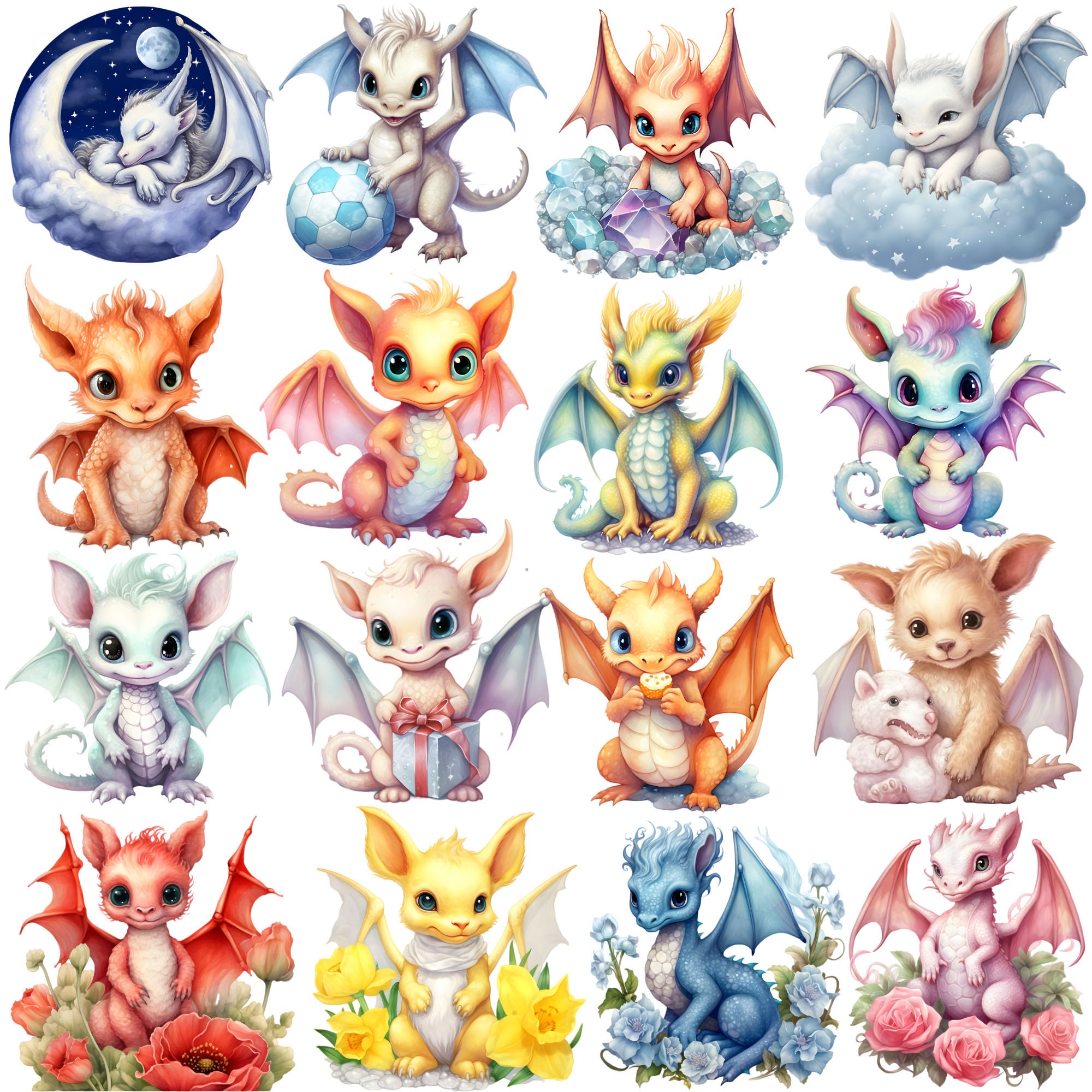 Cute Baby Dragon Clipart Bundle, 55 300 Dpi Transparent PNG Instant ...