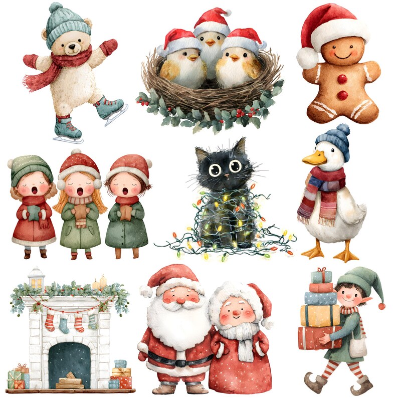 Cute Christmas Clipart - 100 Watercolor Images - Santa, Snowman ...