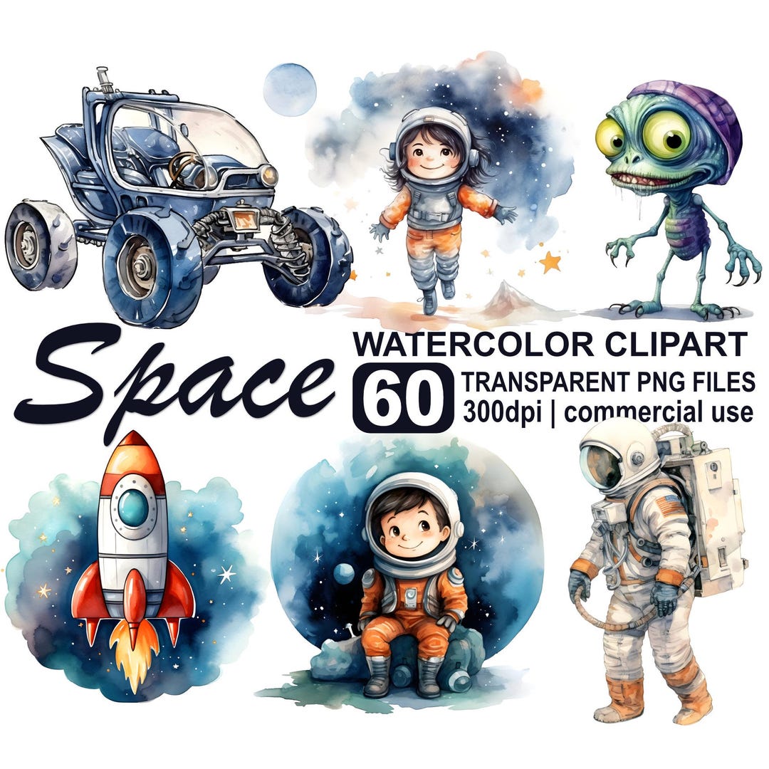 Watercolor Space PNG, Cute Space Clipart, Astronaut, Spaceship, Rocket ...